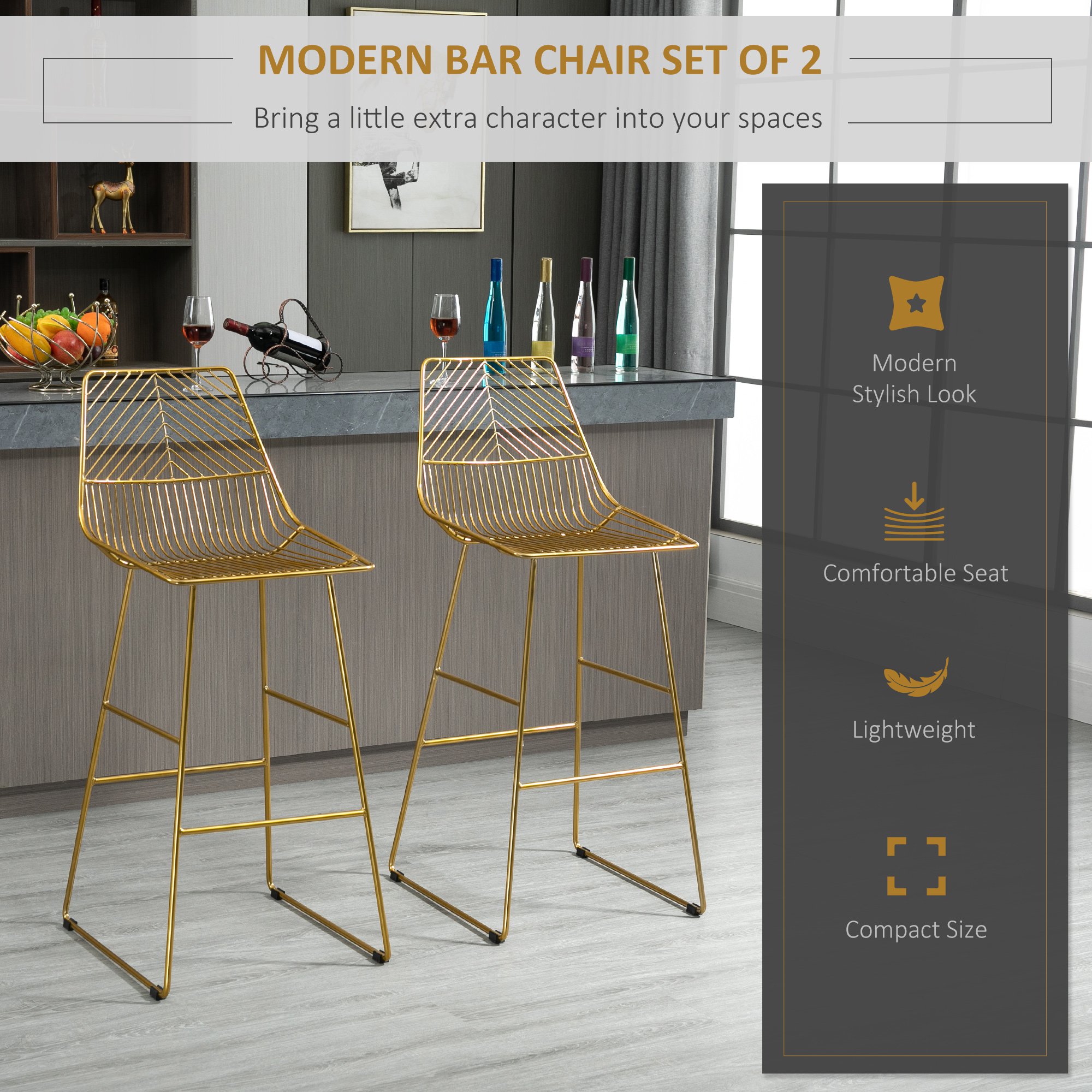 Set 2 scaune inalte Homcom, Suport pentru picioare, 53x56x110cm, Auriu ...