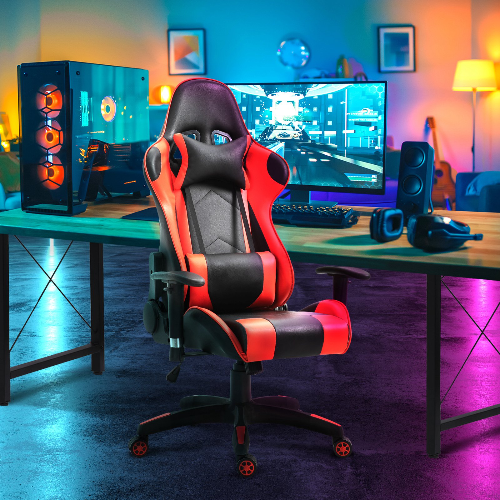 Scaun gaming Vinsetto, Ergonomic, Piele ecologica, Negru/Rosu - eMAG.ro