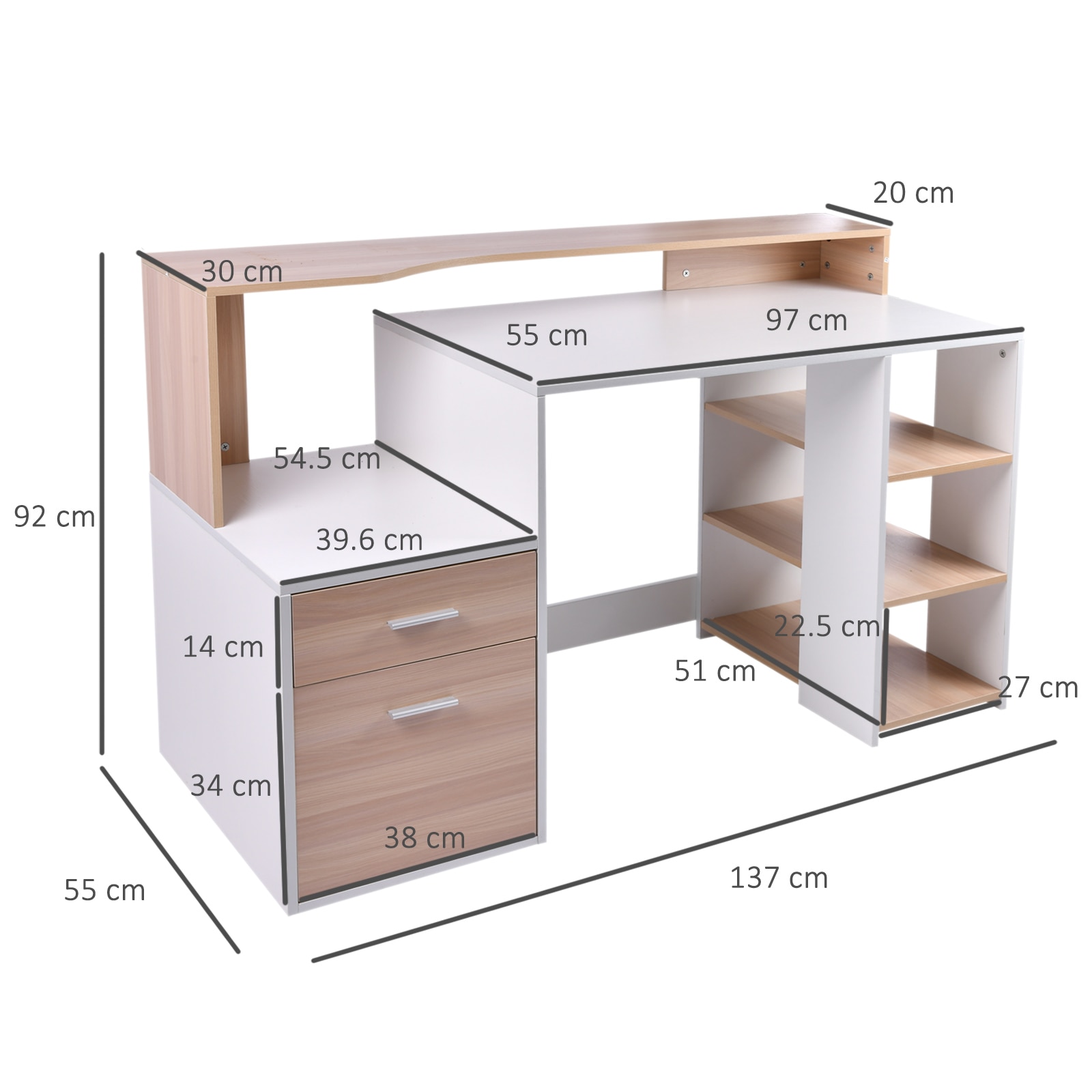 Birou pentru computer HomCom, MDF, 140 x 55 x 92 cm, Stejar/Alb - eMAG.ro