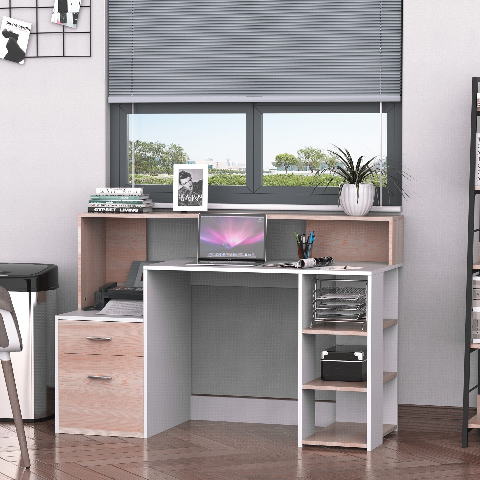 Birou pentru computer HomCom, MDF, 140 x 55 x 92 cm, Stejar/Alb - eMAG.ro