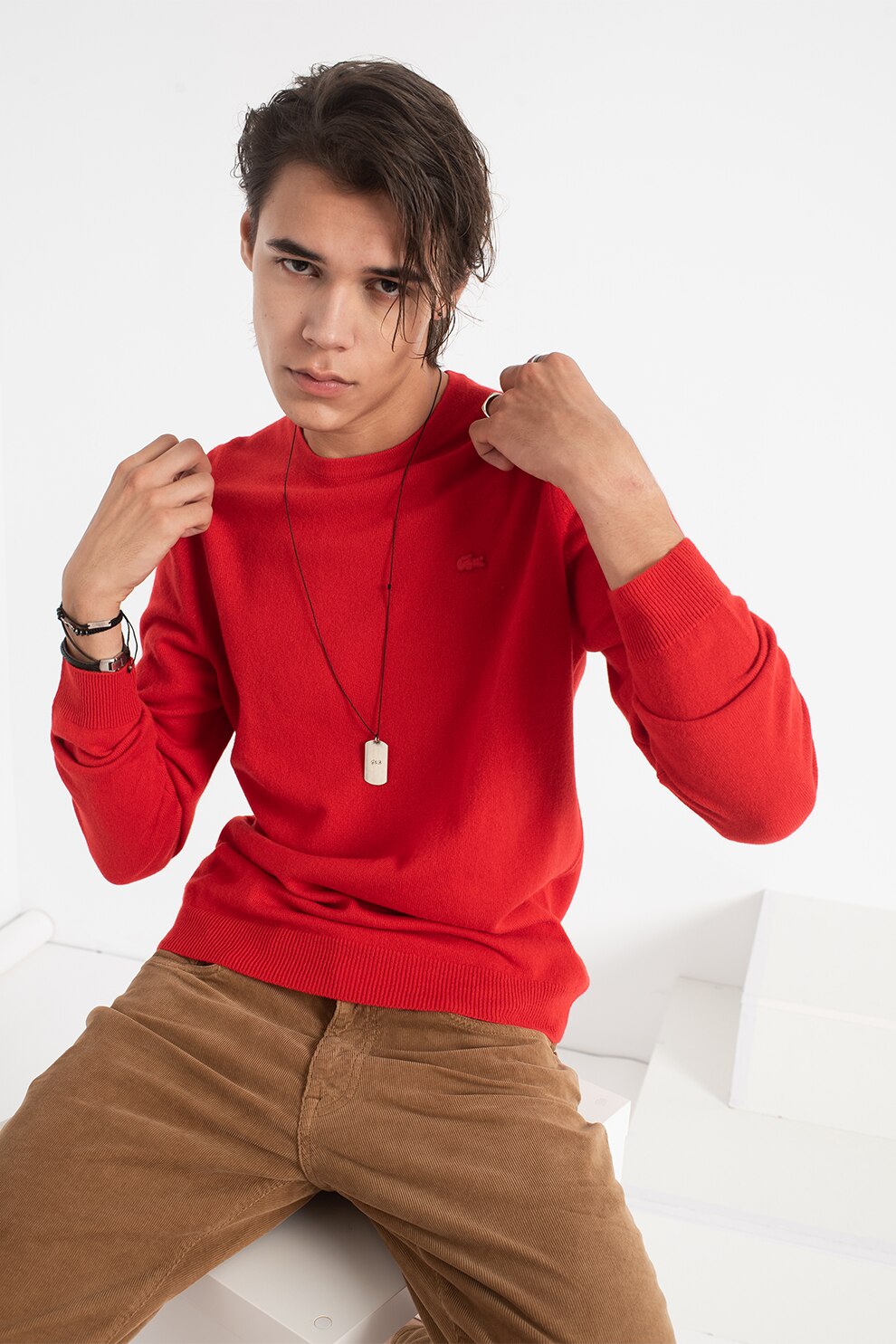 Lacoste, Кашмирен пуловер с овално деколте, Червен, 9 - eMAG.bg