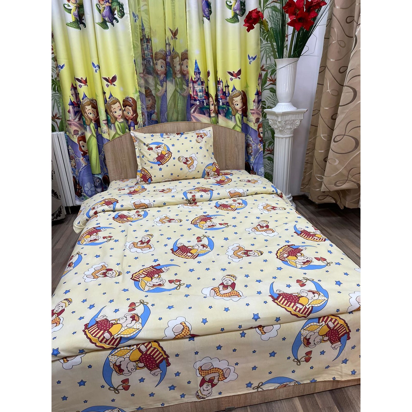 Lenjerie pat single, pentru saltea de 90cm, "Poveste galben pai cu ...