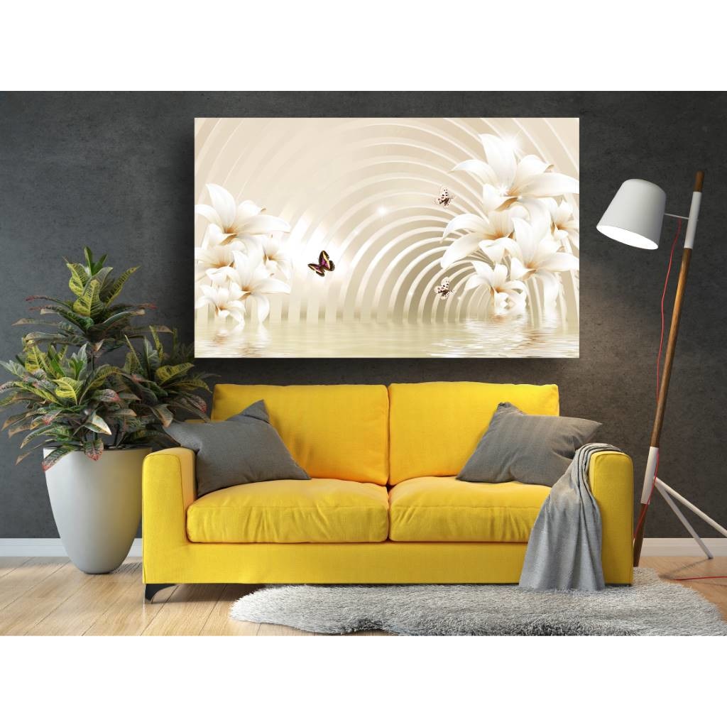 Tablou canvas - Flori crem si fluturi, 100x70 cm - eMAG.ro