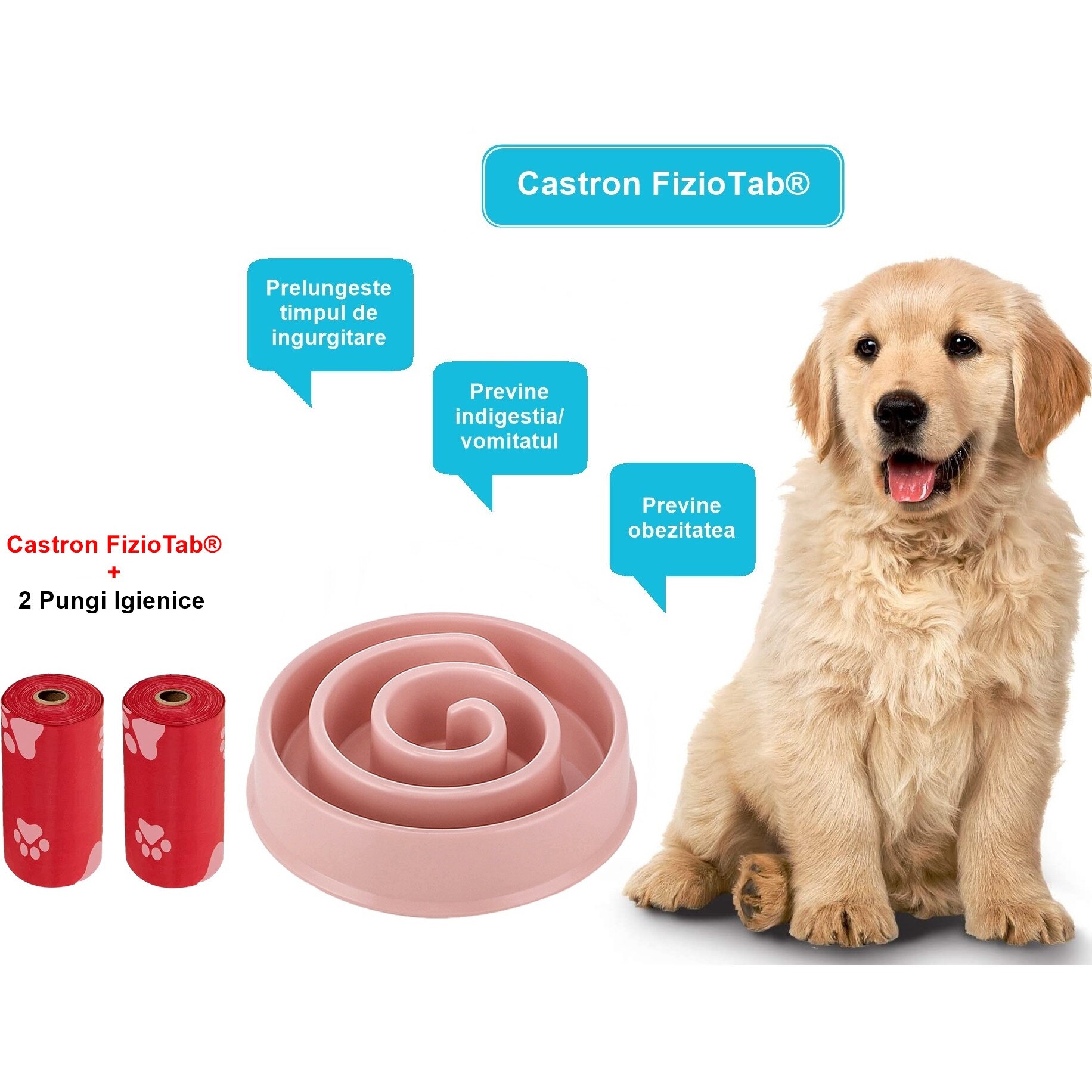 Set Castron Hranire Lenta Caini FizioTab® si 2 Pungi Igienice, pentru ...
