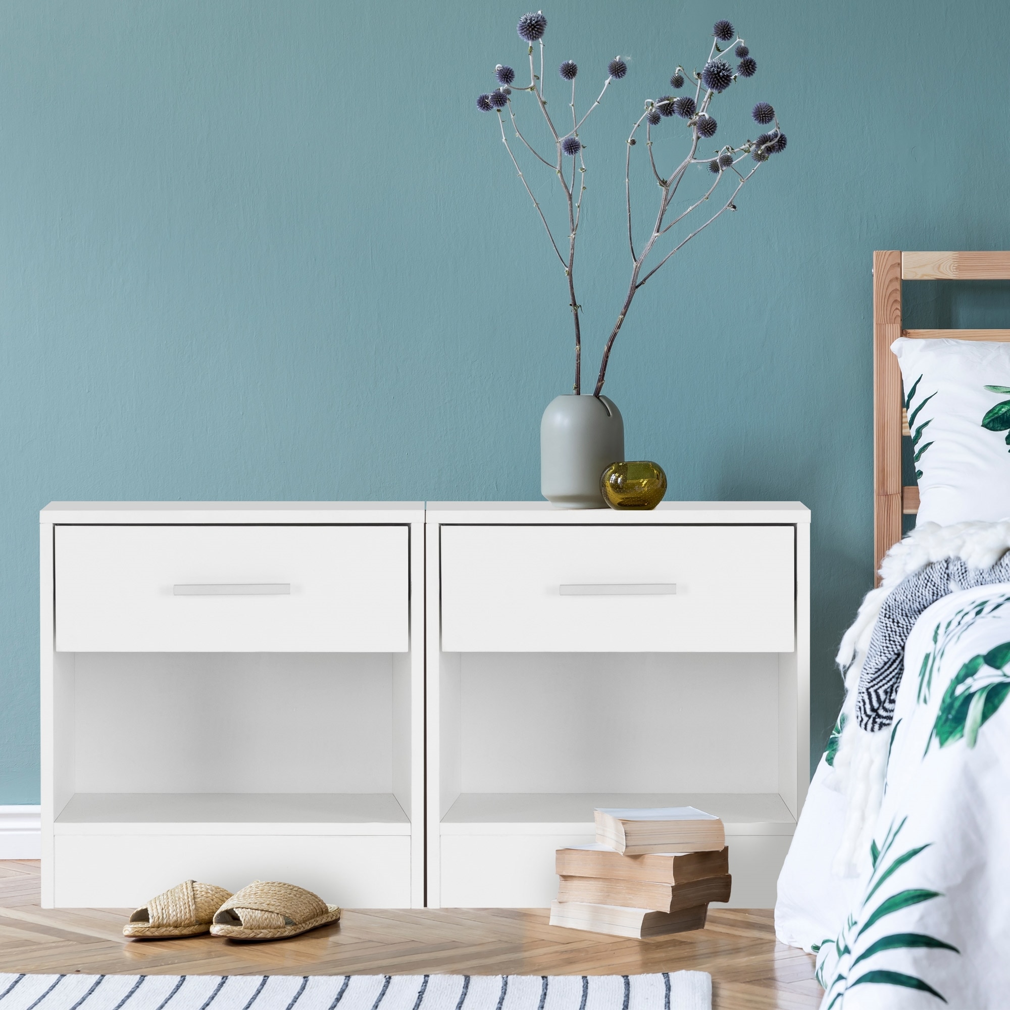 Set 2 noptiere albe cu 2 sertare, ML Design, 38 x 37 x 34 cm, PAL ...