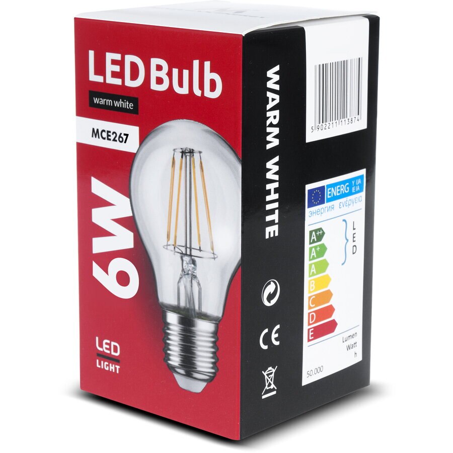 Bec cu filament LED E27, 6W, 230V, WW alb cald 3000K, 600lm, decorativ ...