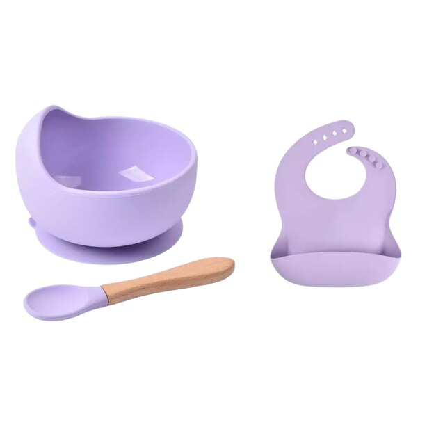 Set diversificare bebelusi din silicon, baveta, bol cu ventuza, lingurita moale din silicon, mov ...
