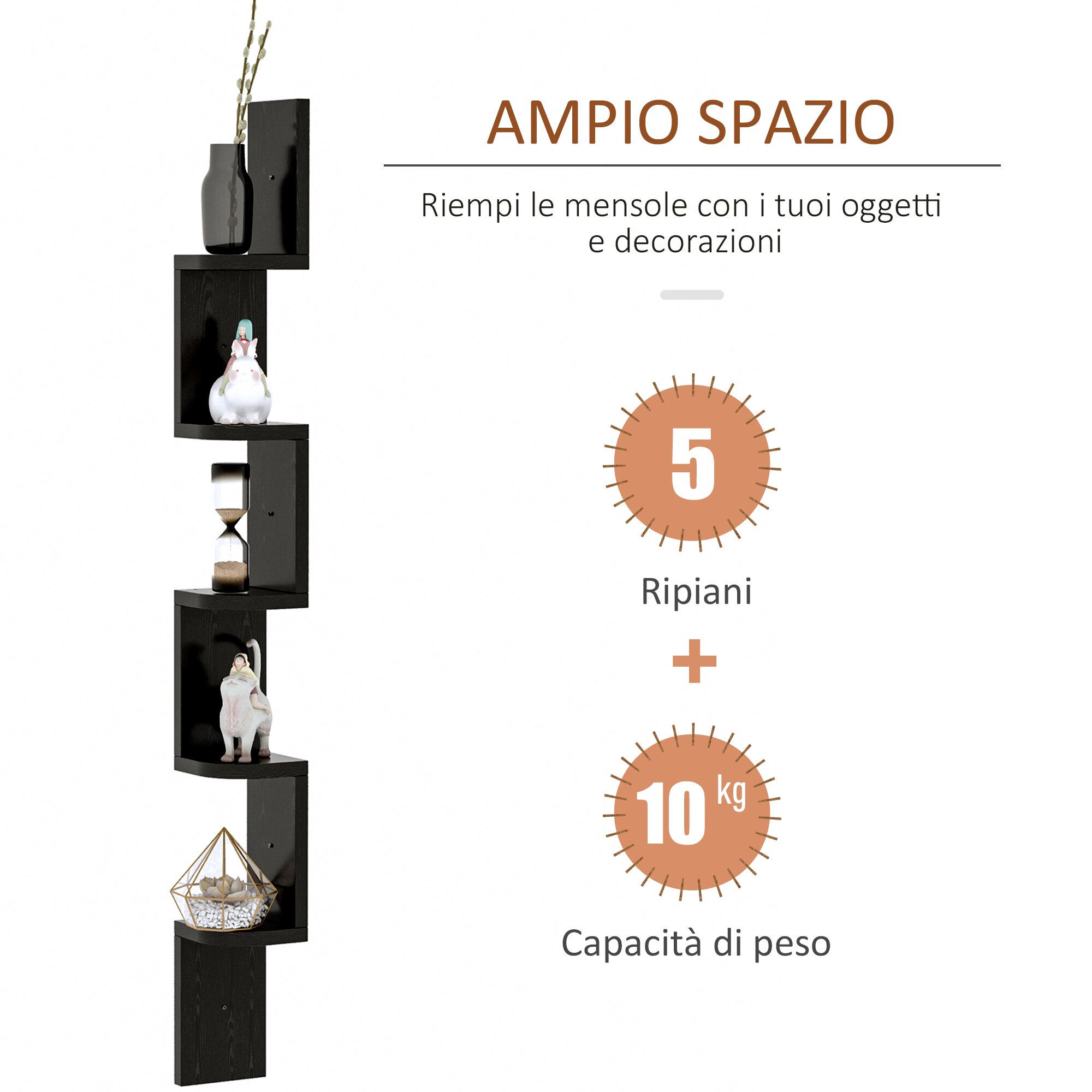 Biblioteca Homcom, 5 compartimente, Lemn MDF, 12 x 12 x 120 cm, Negru ...
