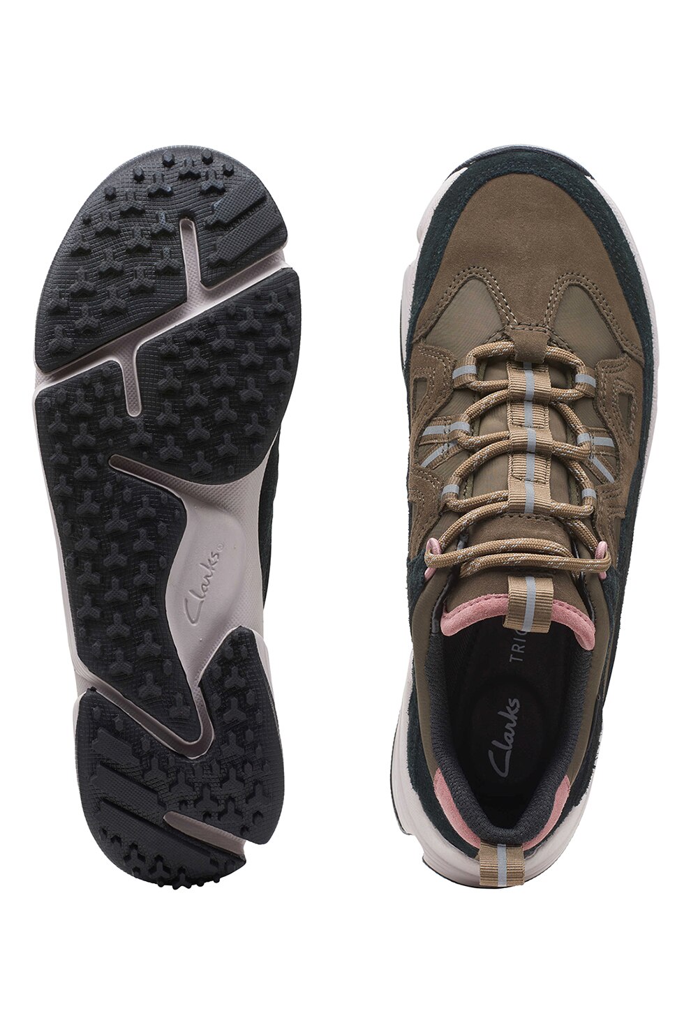 Clarks, Велурени спортни обувки Tri Path с мрежа, Сиво-бежов / Черен, 4 ...
