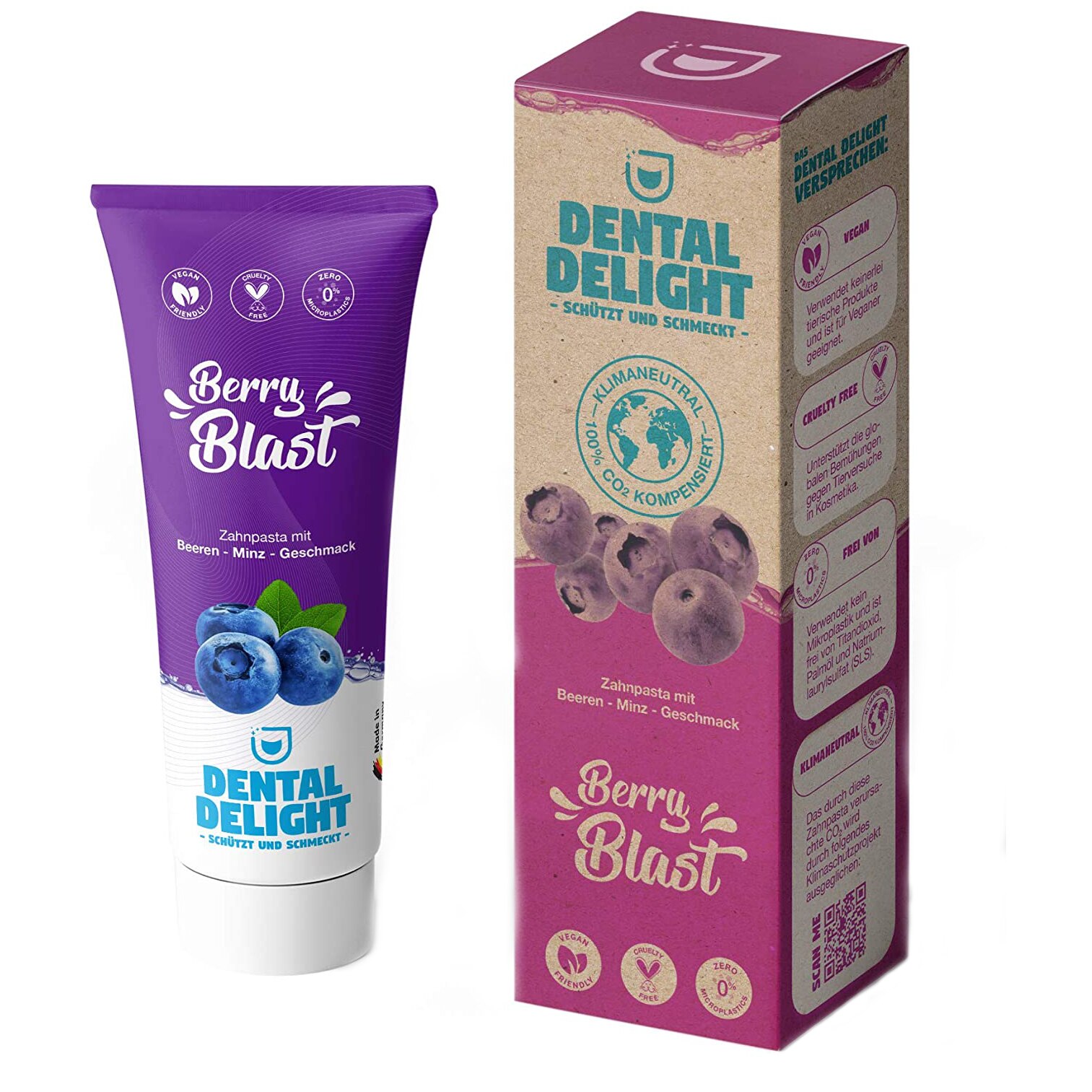 Комплект от 4 пасти за зъби, DENTAL DELIGHT, с вкус на боровинка, мента ...