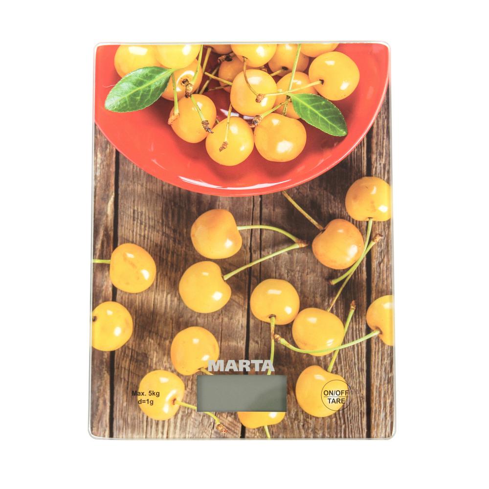 Cantar de bucatarie Marta MT-1634, Yellow Cherry, Sticla securizata, Ecran LCD, Greutate maxima ...