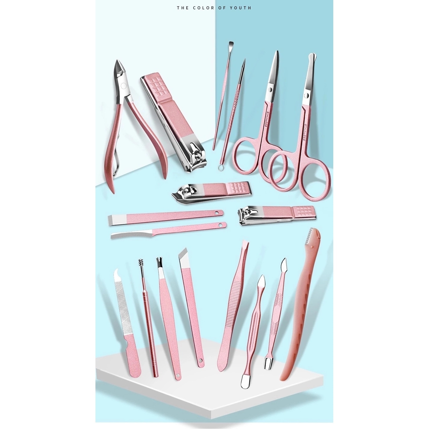 Set Manichiura si Pedichiura din Otel Inoxidabil 18 piese Rose Gold - eMAG.ro