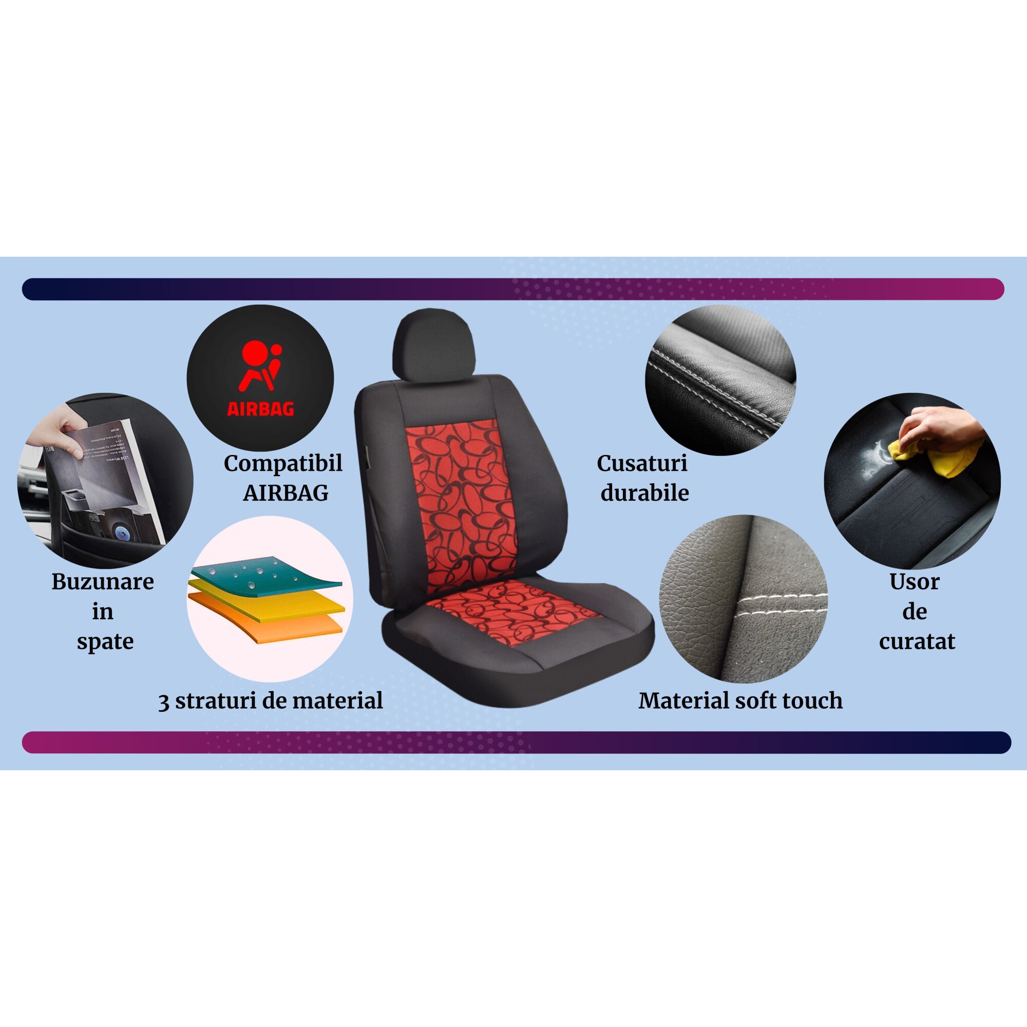 Set huse scaune auto Smartic®, Lux, 11 piese, compatibile cu airbag ...
