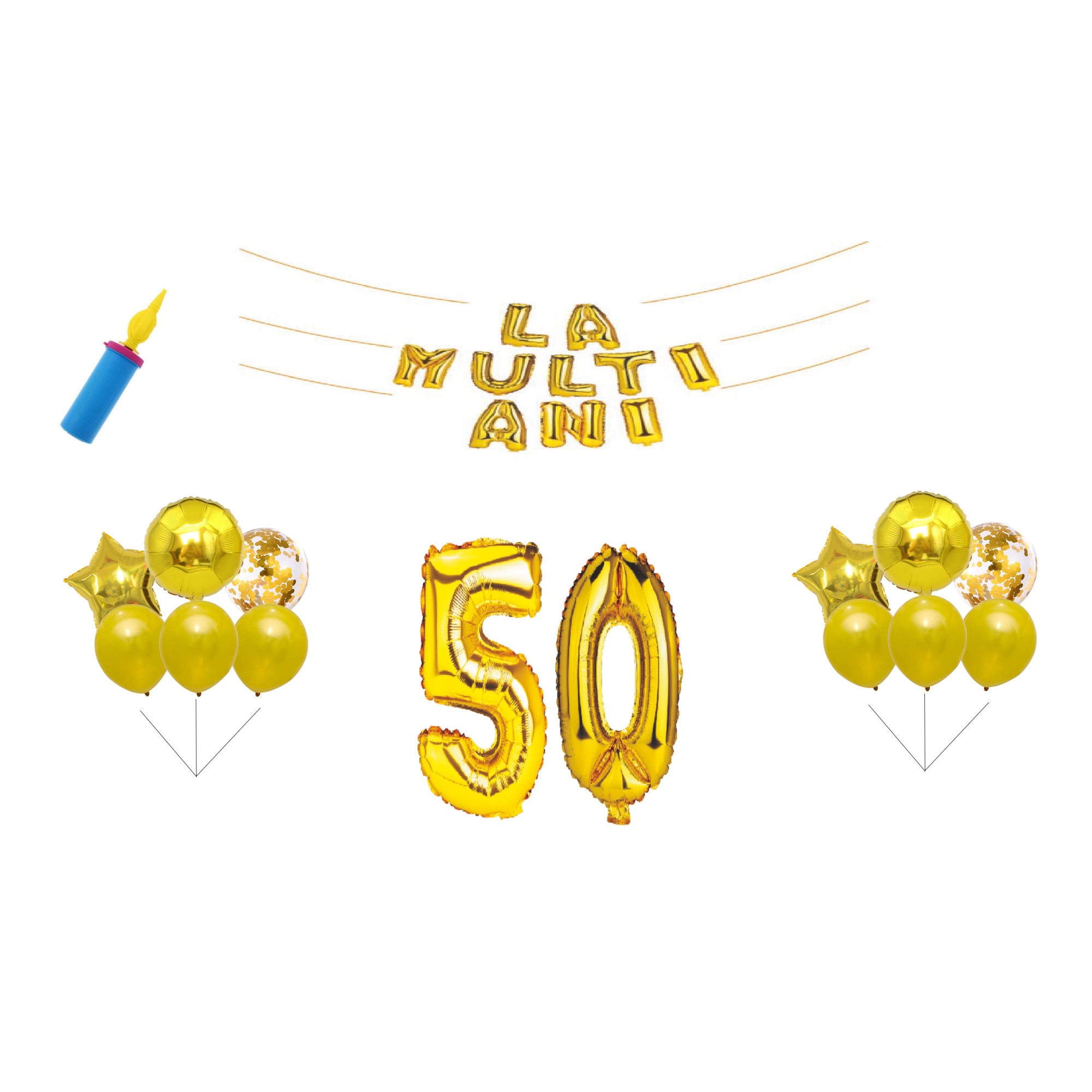 Set baloane aniversare, 50 ani, La multi ani, auriu, cake topper cadou ...