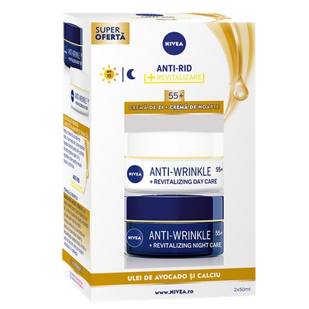 Комплект: Нощен крем против бръчки Nivea + Revitalization: 55+, 50 мл ...