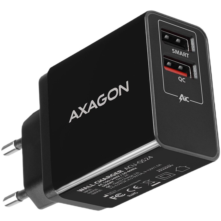 Мрежово зарядно устройство AXAGON ACU-QS24, Smart Charging, 1x 5V/1.2A USB порт, 1x USB QC3.0 ...