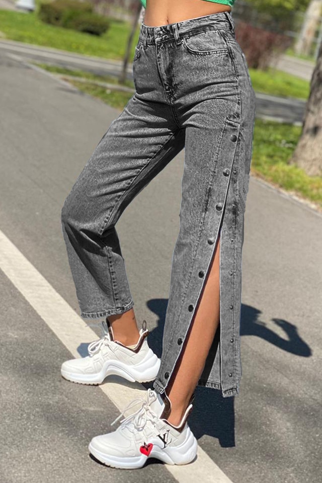 Blugi dama cu capse laterale, gri, Marimea 40 - eMAG.ro