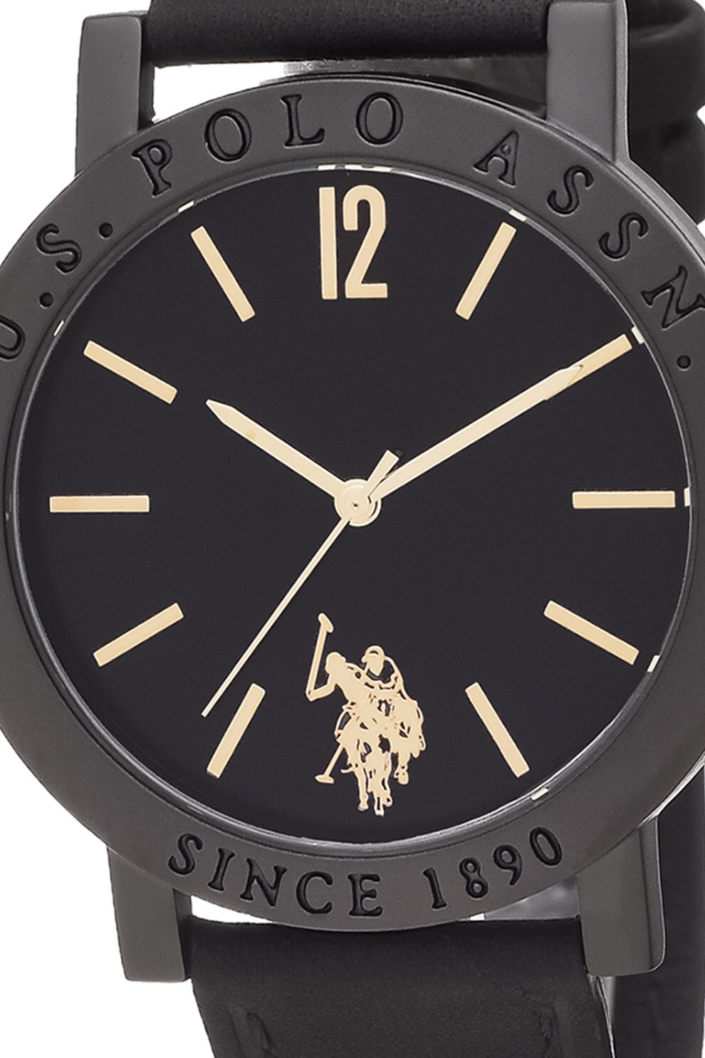 U.S. Polo Assn., Кварцов часовник с кожена каишка, Черен - eMAG.bg