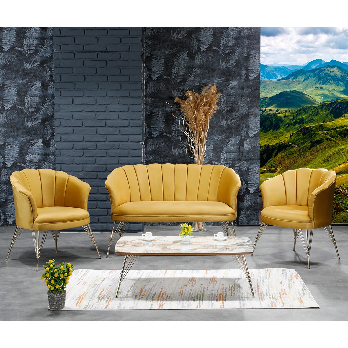 Set Canapea cu doua fotolii cafea, Margareta Modela, Galben, 130 x 75 x ...