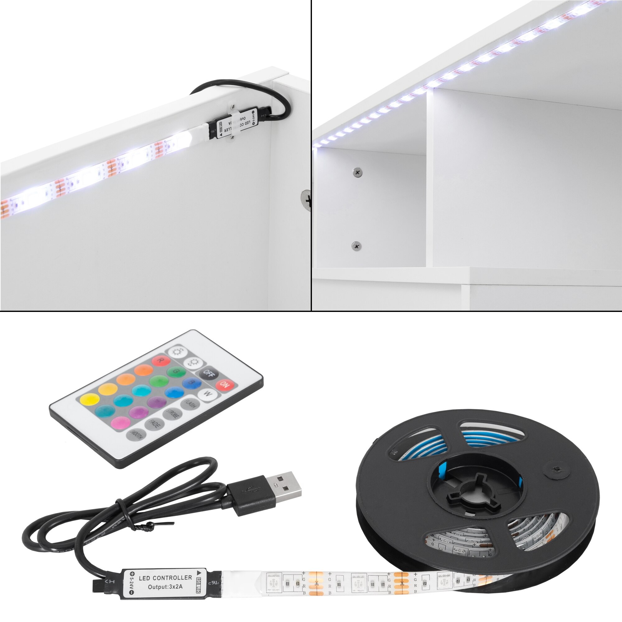 Comoda alba cu banda LED pentru TV, ML-Design, 130 x 49 x 45 cm, USB ...
