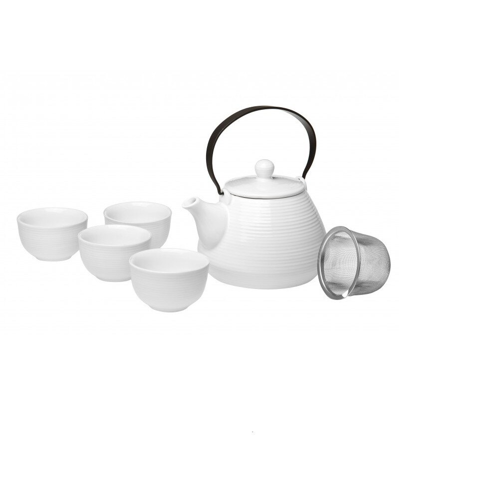 Set servire ceai cu 4 boluri, Alba, Arta Ceaiului, Portelan si Inox ...