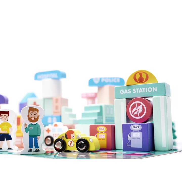 Set 128 piese de lemn pentru constructie iMK®, orasel cu masini de ...