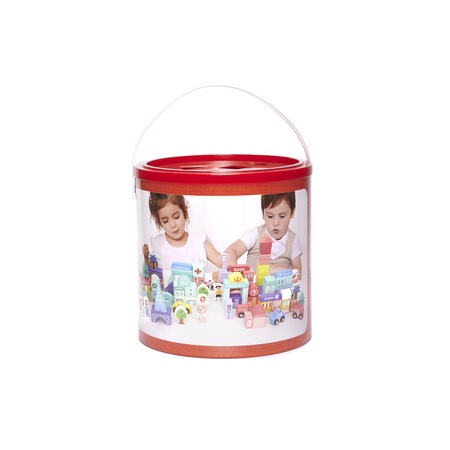 Set 128 piese de lemn pentru constructie iMK®, orasel cu masini de ...