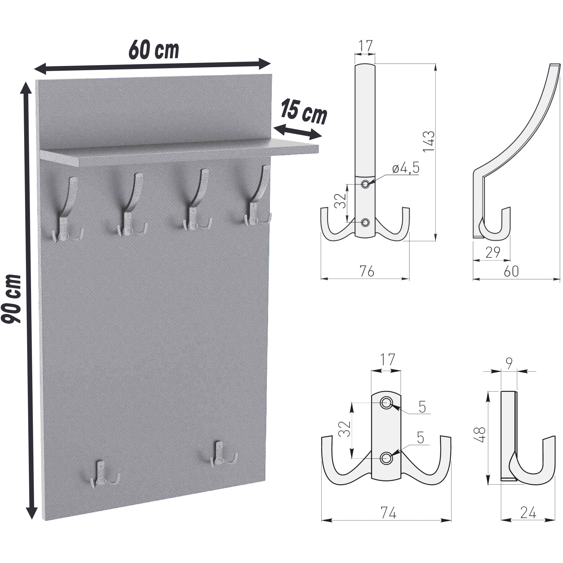 Cuier Panou MAXI ALUMINIUM, 90 x 60 cm, Lemn/Aluminiu, Alb - eMAG.ro