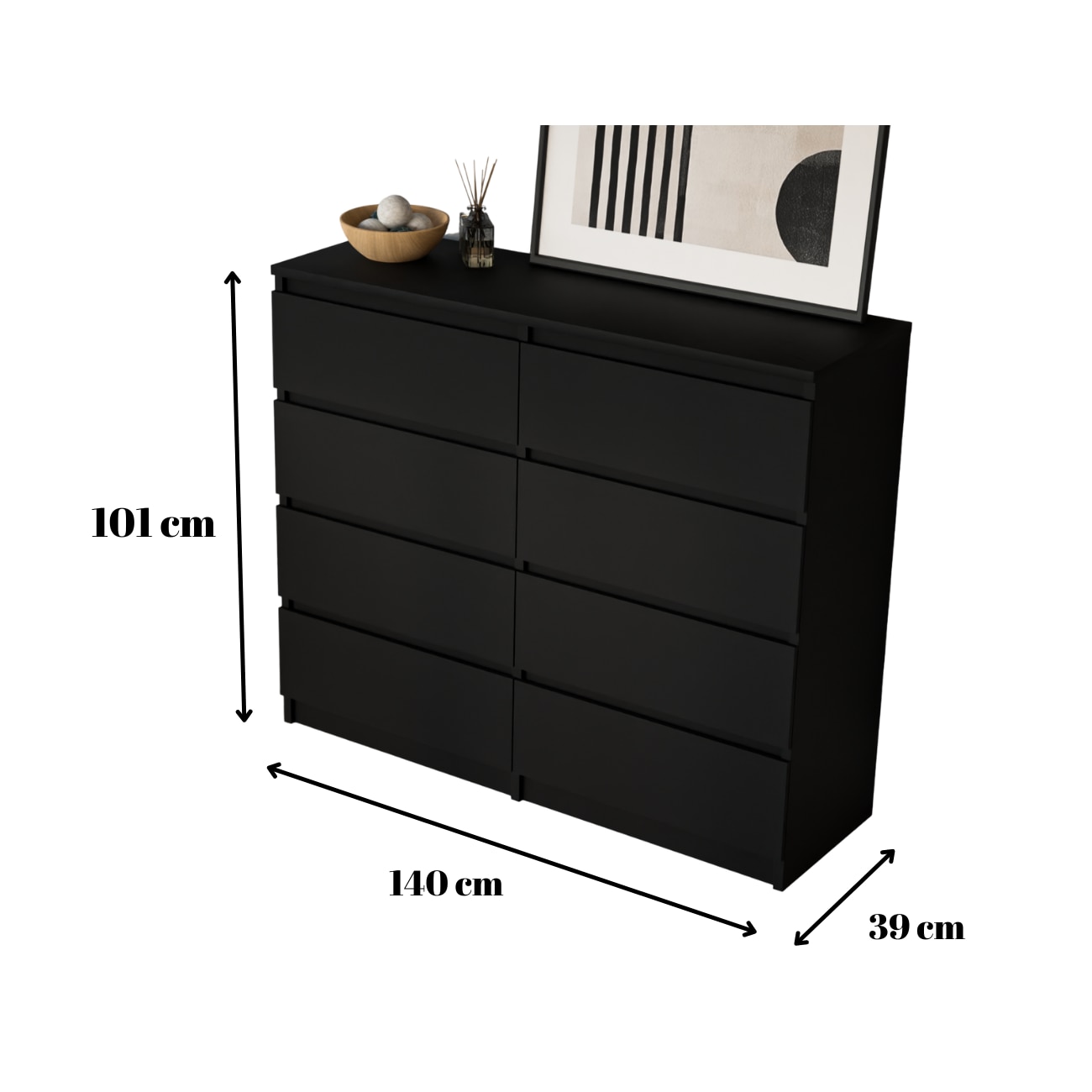 Comoda, Bufet DEMII cu 8 sertare, 140cm x 39cm x 101,5cm negru mat ...