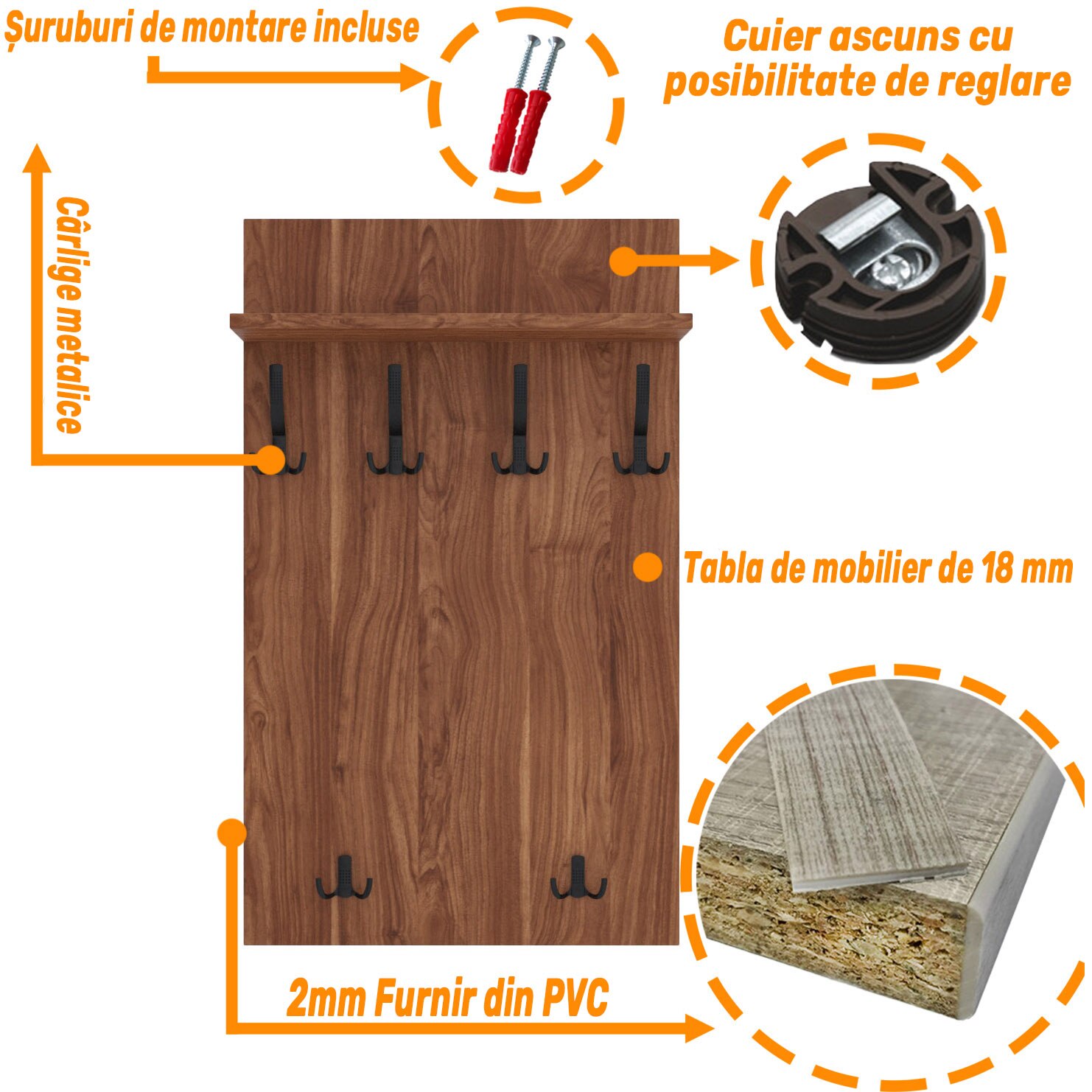 Cuier, PVC/MDF, 120 cm x 60 cm, Maroniu/Negru - eMAG.ro