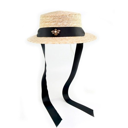 Palarie dama, bej, din paie, de vara, cu panglica neagra, Barbie ...