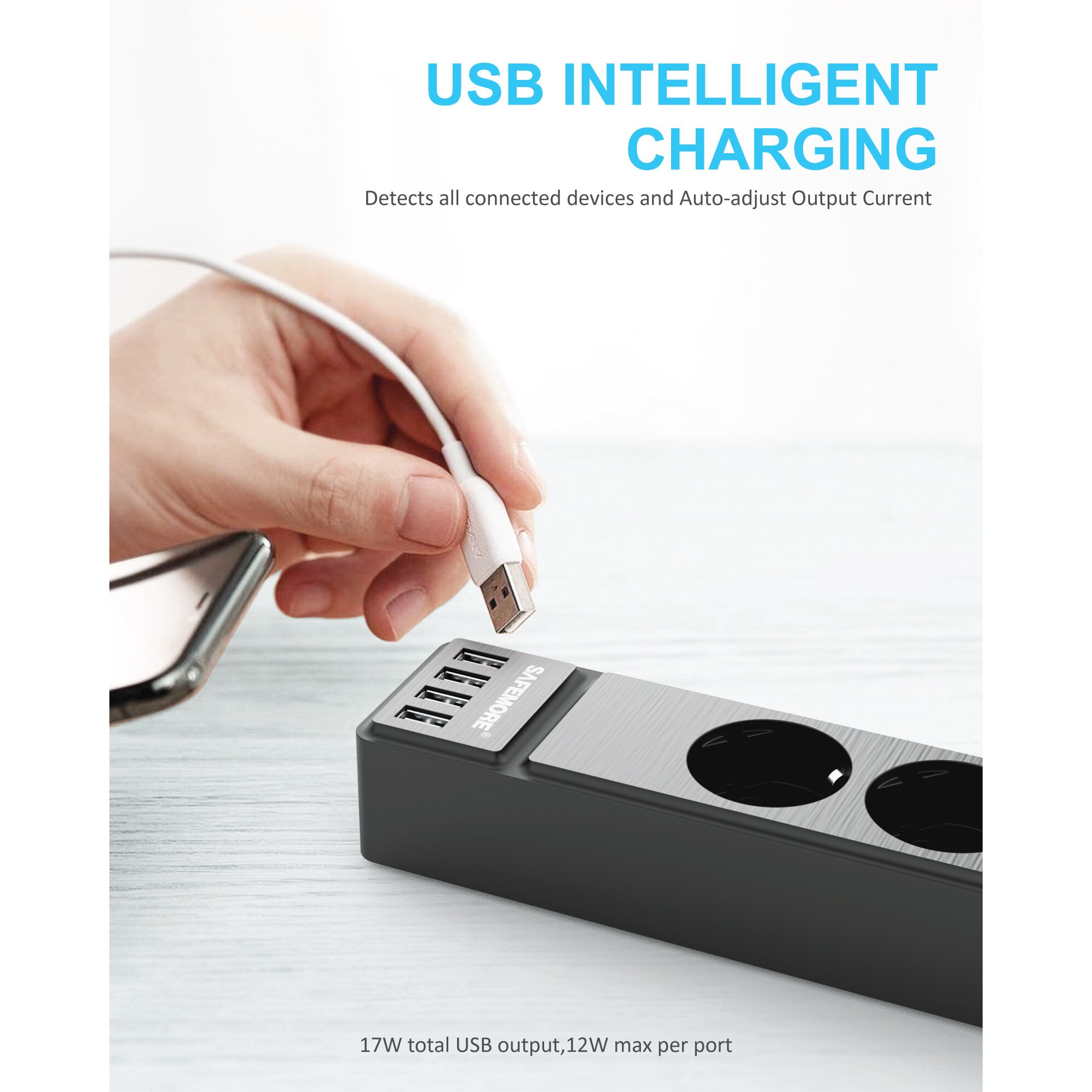 Prelungitor tip turn SAFEMORE, 220-250V, 2500W, 4xUSB/4xPriza curent ...