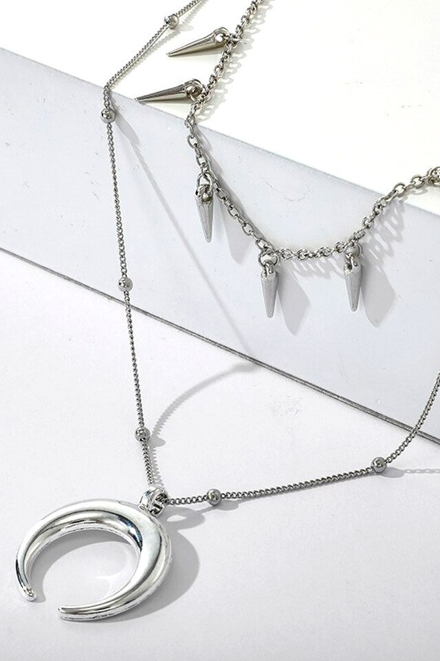 Colier multilayer cu 2 lantisoare, semiluna, tepi metalici si bilute ...