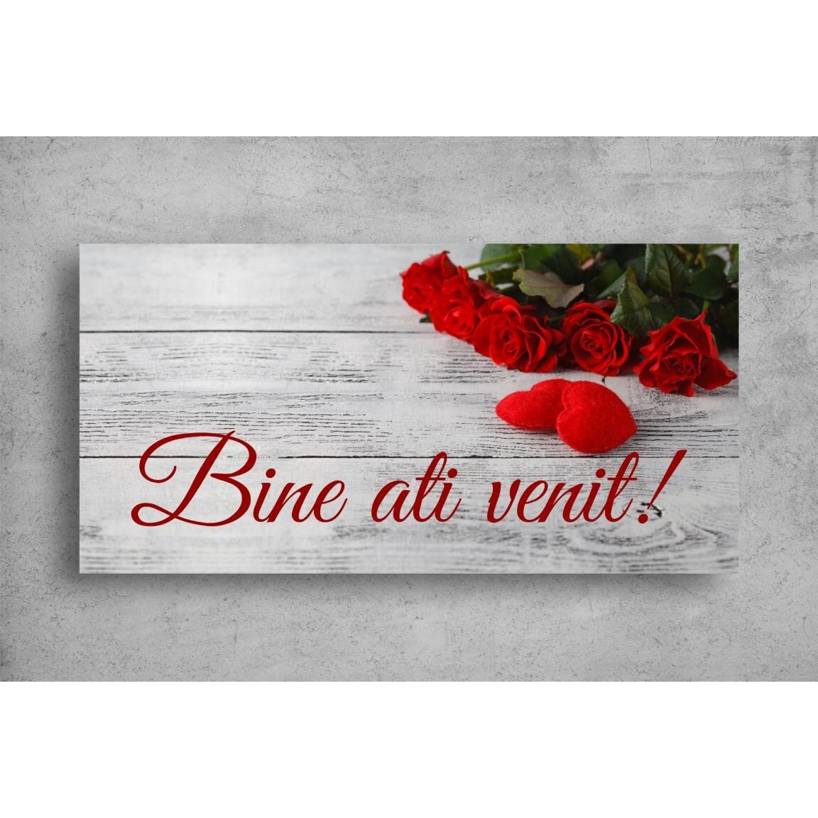 Banner "Bine ati venit" model cu trandafiri si inimi rosii, 50x100 cm ...