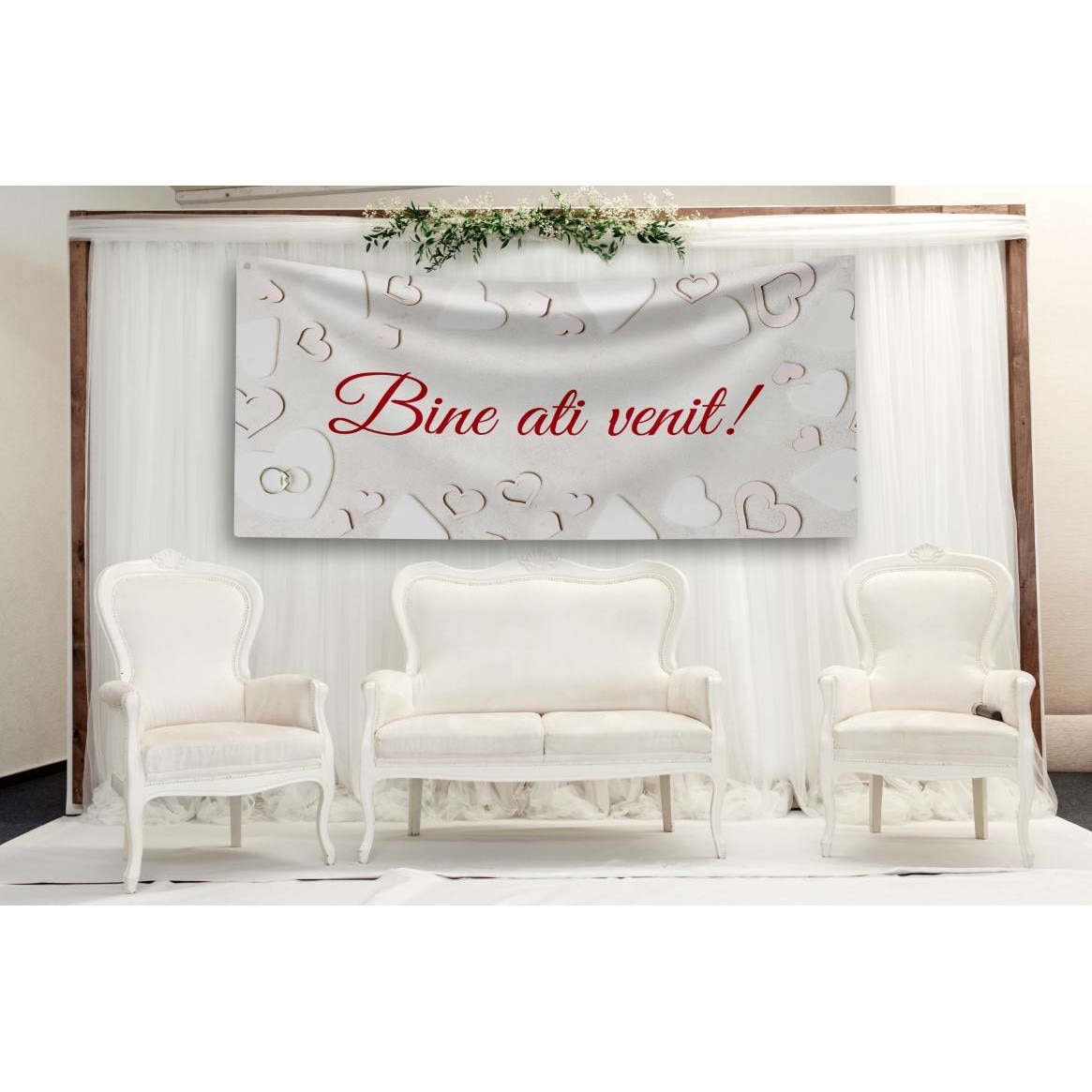 Banner "Bine ati venit" model cu fundal din inimioare, 50x100 cm - eMAG.ro