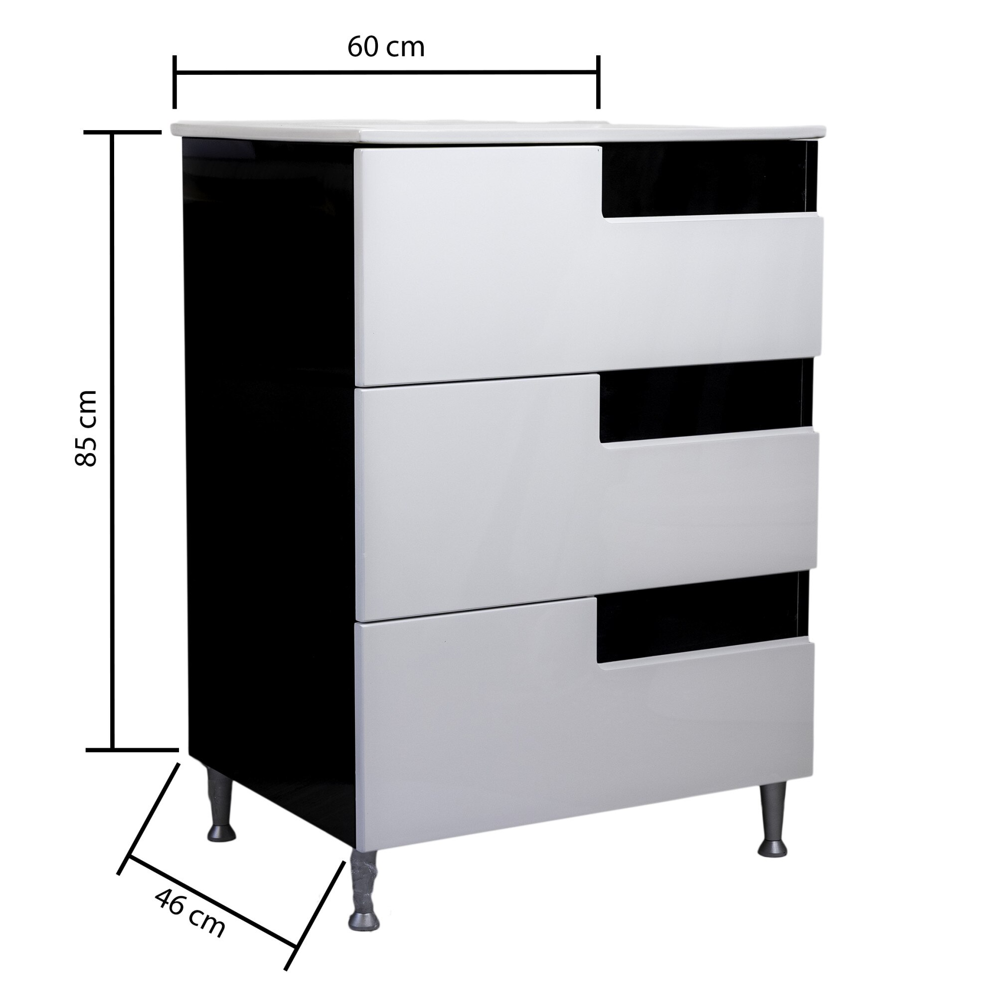 Mobilier baie 60 cm, 3 sertare, mdf frezat, lavoar, 60x46 cm, alb cu ...