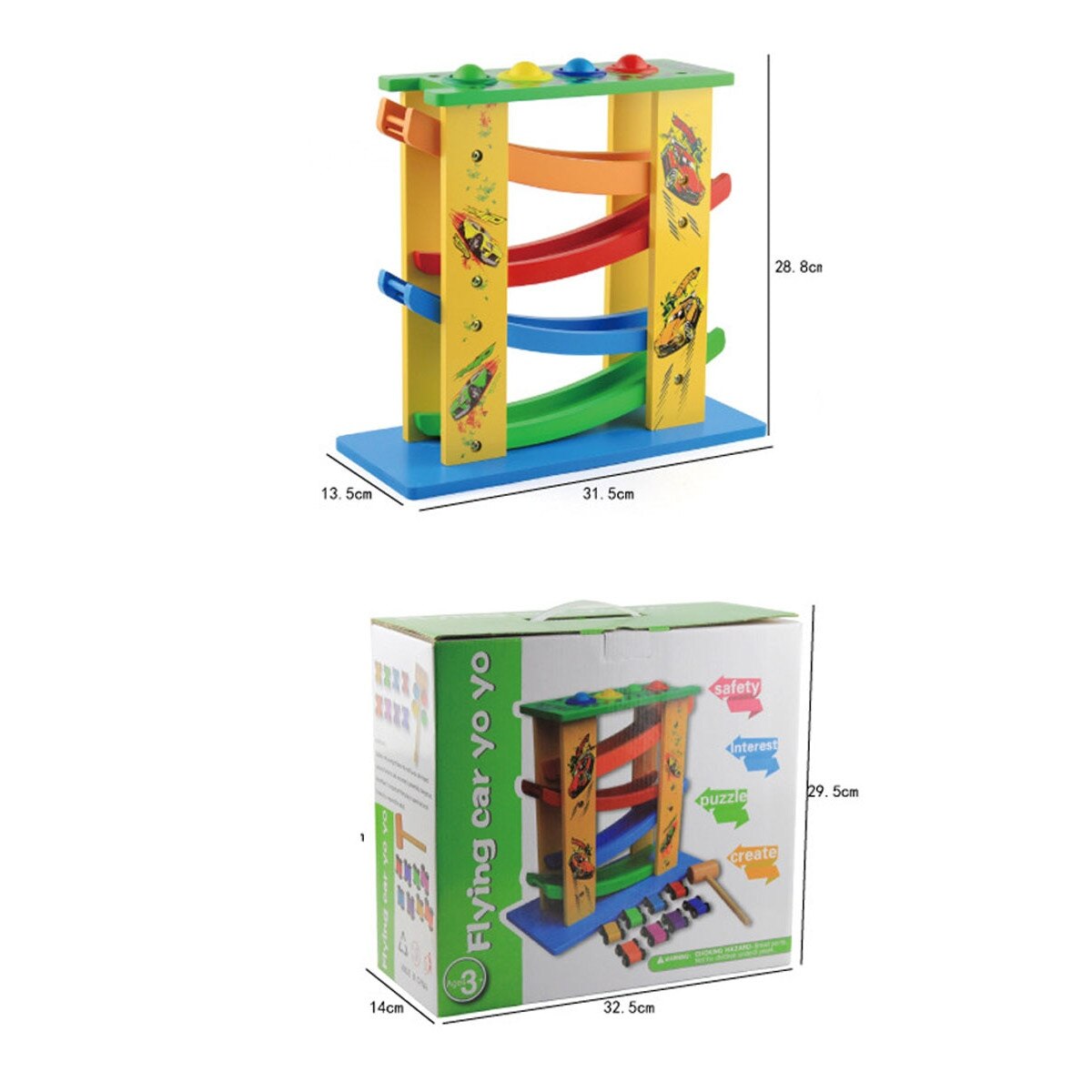 Circuit lemn cu 8 masinute ciocanel cu bile colorate si mini popice ...