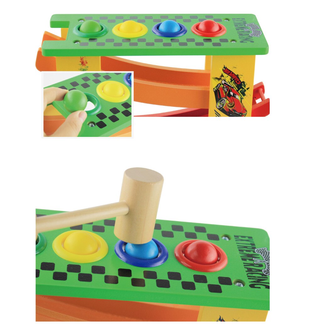 Circuit lemn cu 8 masinute ciocanel cu bile colorate si mini popice ...