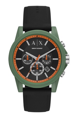 Emporio Armani, Часовник с хронограф и силиконова каишка, Черен ...