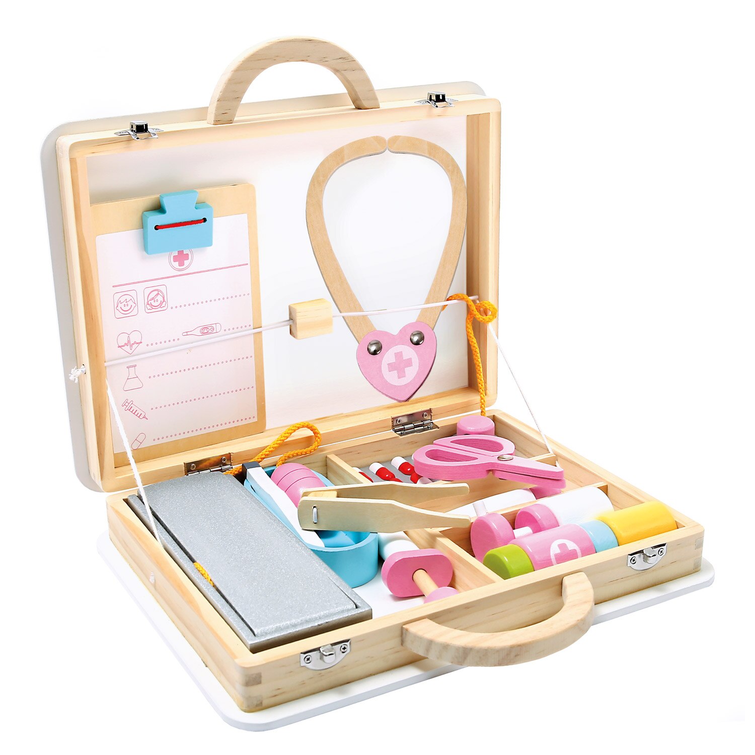 Set trusa medicala copii, Lemn, 16 piese, Multicolor, 6x25.5x29.5 cm ...