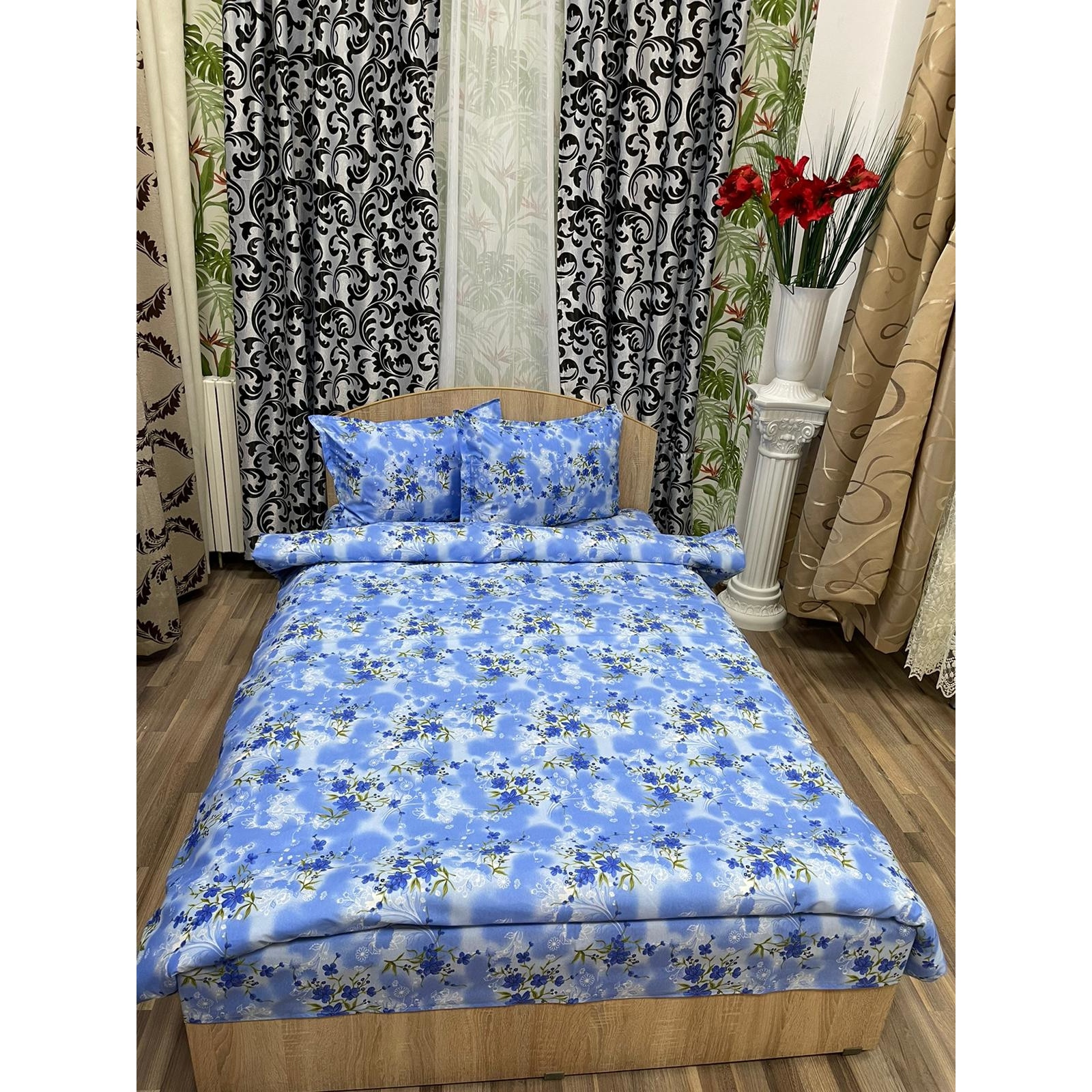 Set lenjerie pat mediu, albastra, pentru saltea intre 140-160cm ...