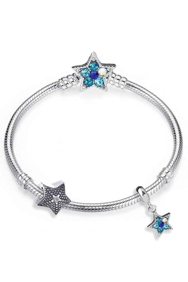 Bratara placata cu argint tip Pandora, charm si pandantiv cu stelute si ...