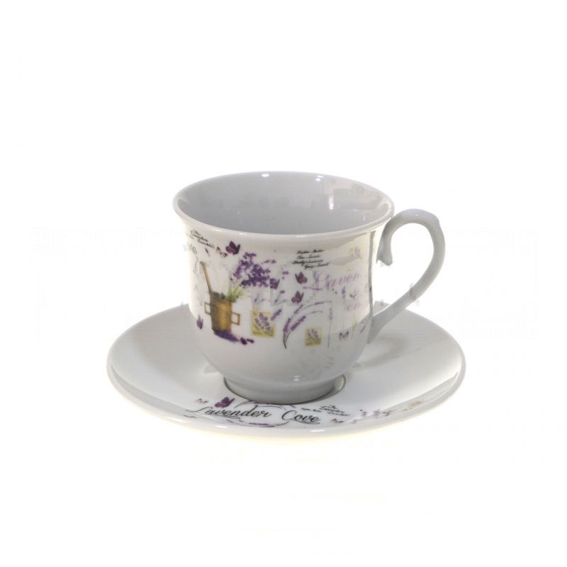 Set cesti de cafea, 6 cesti cu 6 farfurii, Ceramica, model Lavanda ...