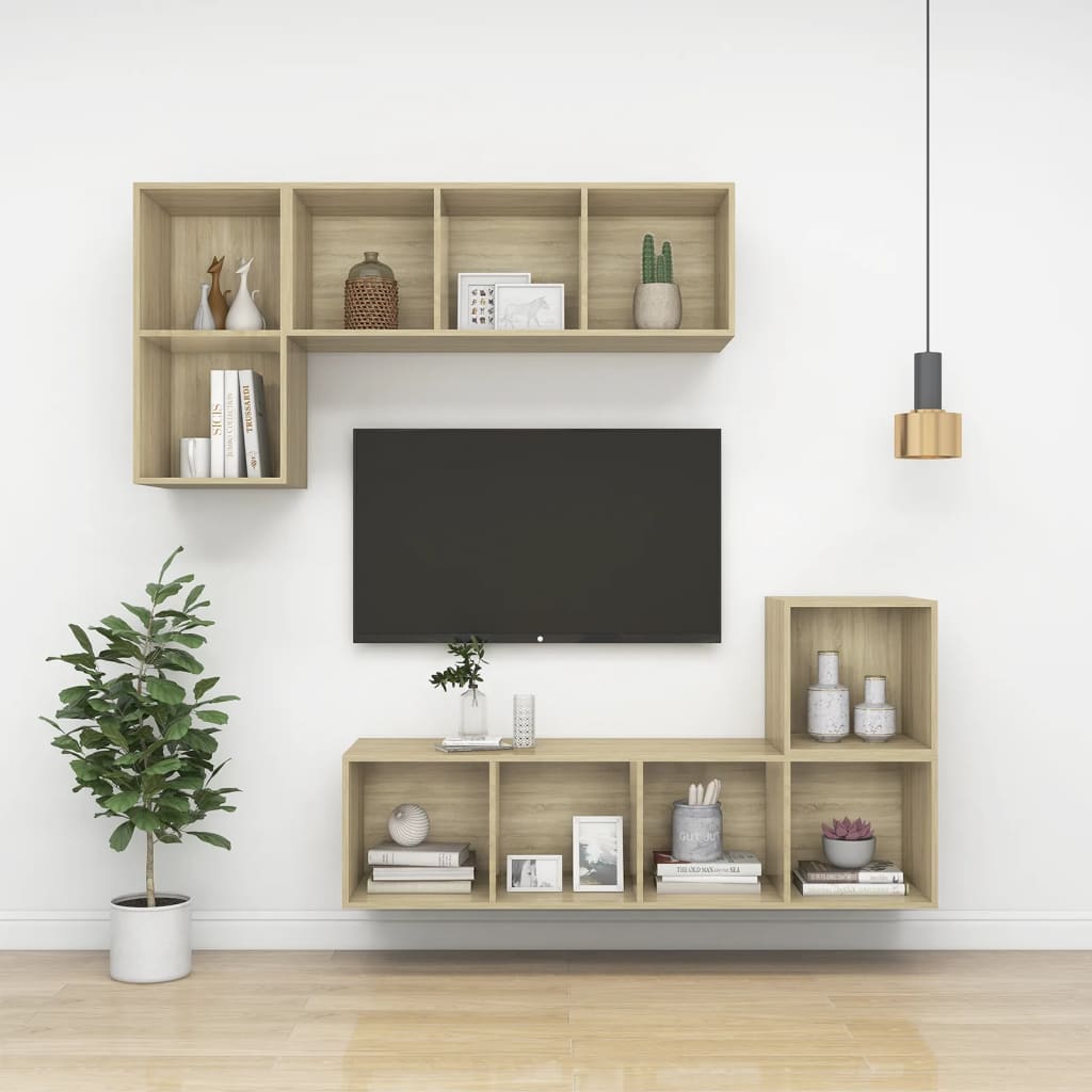 Dulap TV montat pe perete, stejar Sonoma, 37x37x107 cm, PAL, pentru ...