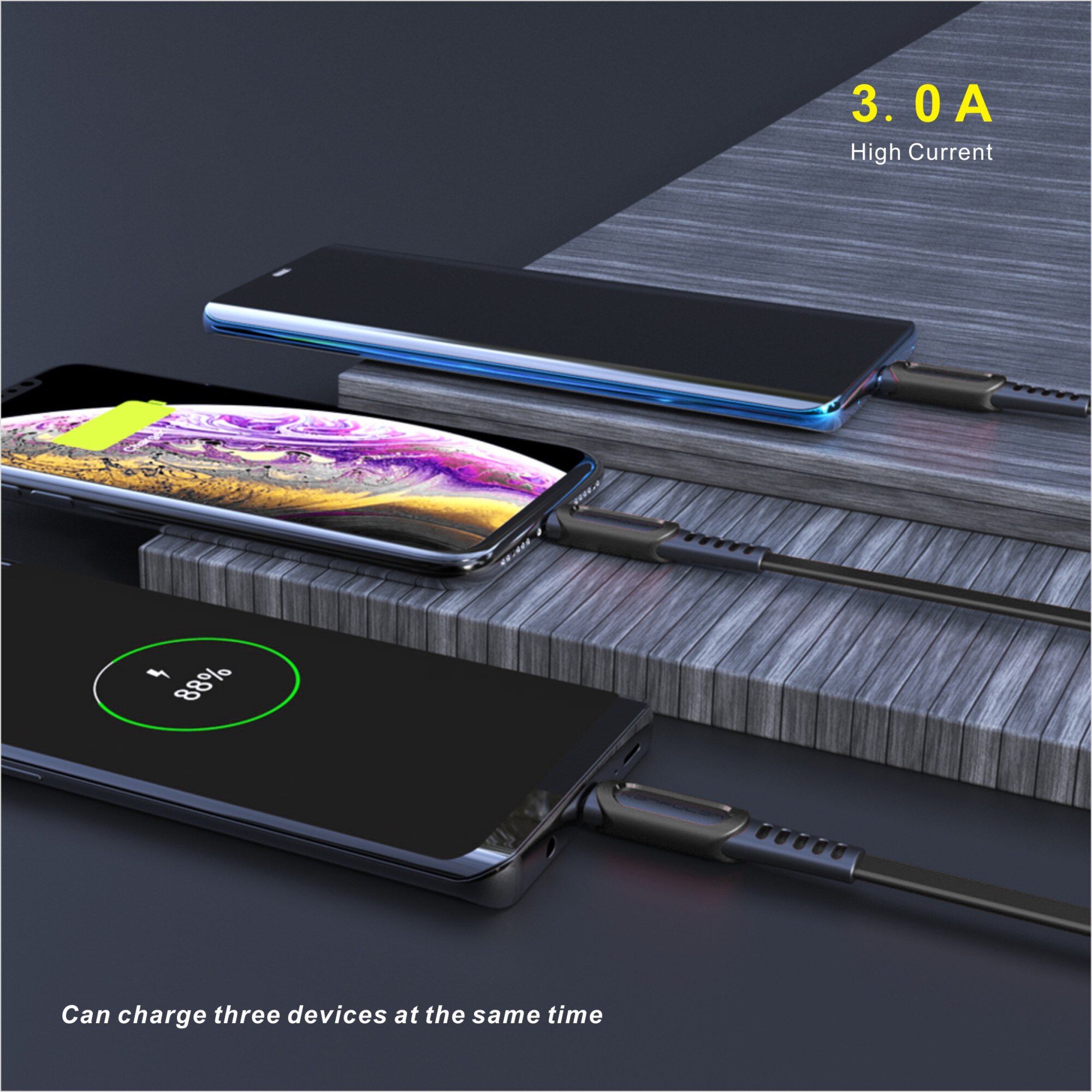 Cablu de incarcare rapida pentru mufe Micro-USB, USB-C, Lightning, 3A ...