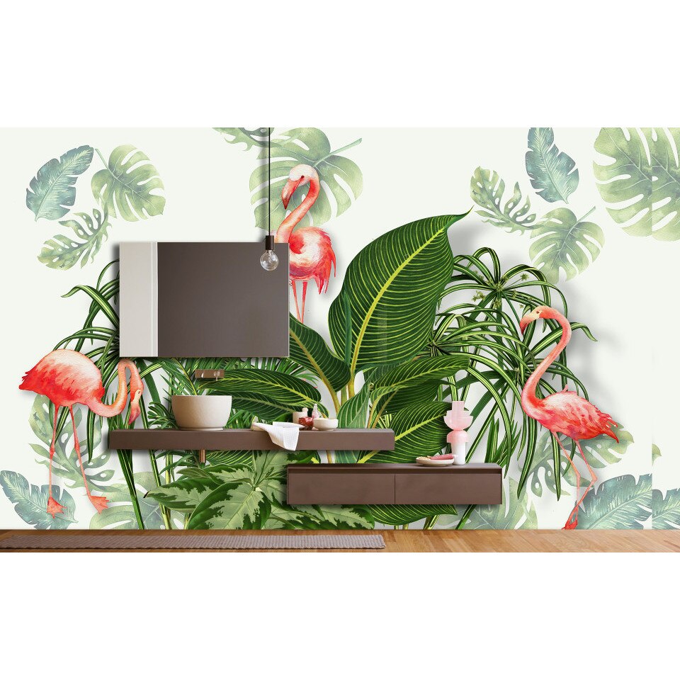 Fototapet, Flamingo roz in frunze verzi, Jungla, Padure tropicala ...