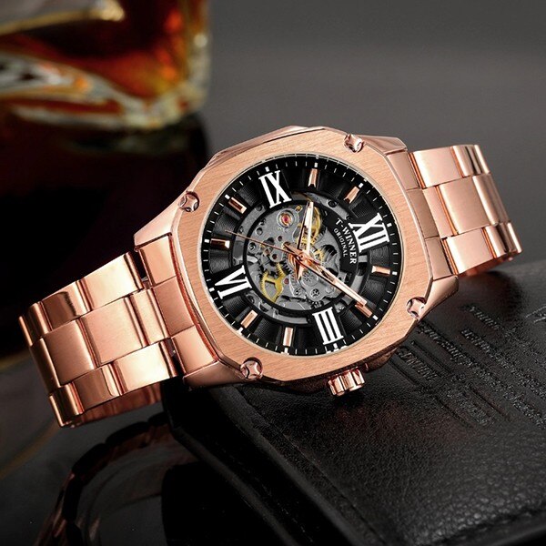Ceas Automatic Skeleton Winner P016G-V5, Auriu Rose,Otel, 40 mm - eMAG.ro