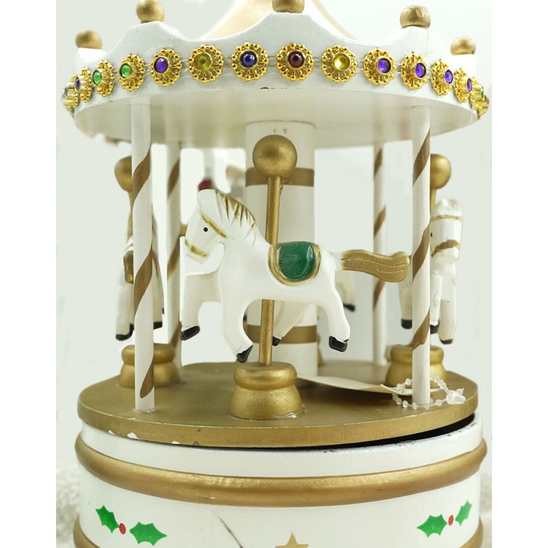 Cutiuta muzicala decorata de Craciun, Carusel rotativ, Alb, din Lemn ...