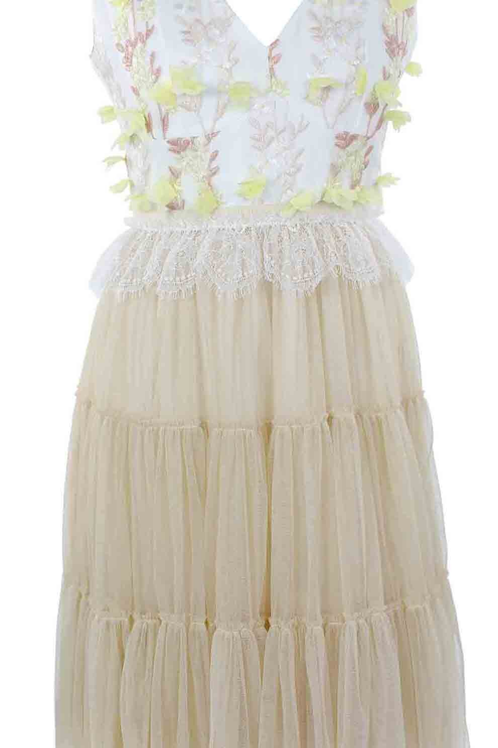 ambar studio, Rochie cu decolteu in V si broderie florala, Alb/Camel ...