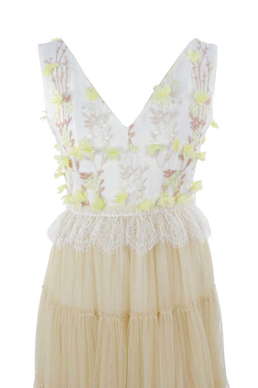 ambar studio, Rochie cu decolteu in V si broderie florala, Alb/Camel ...